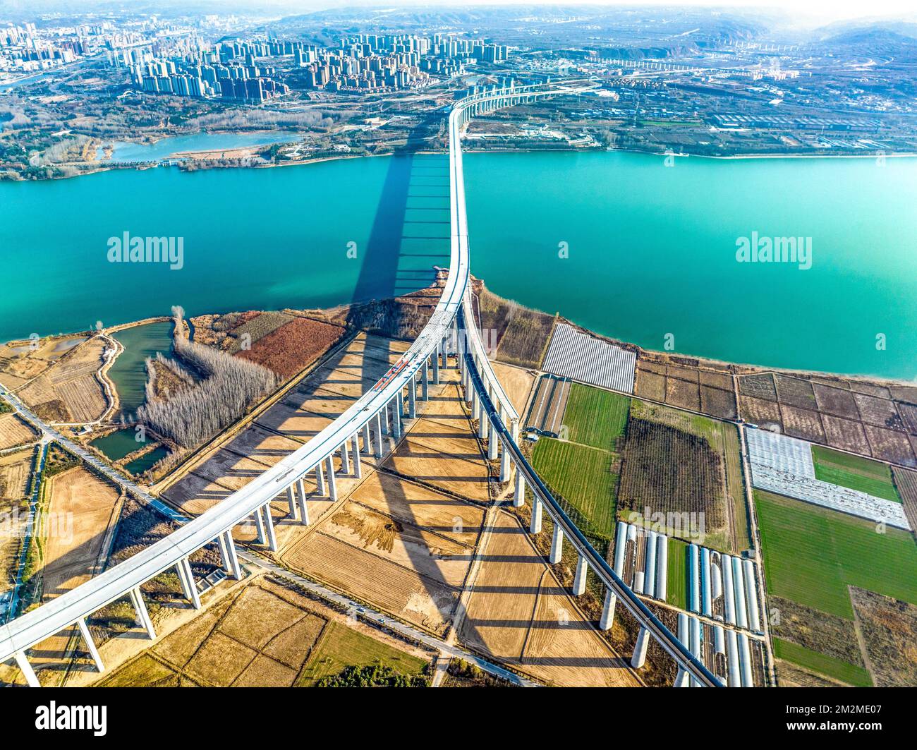 Aerial photo shows the connecting line of the Yellow River Rail ...