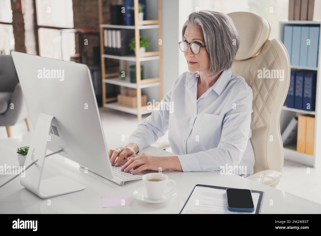 Photo of busy attractive lady clerk dressed white shirt eyewear ...