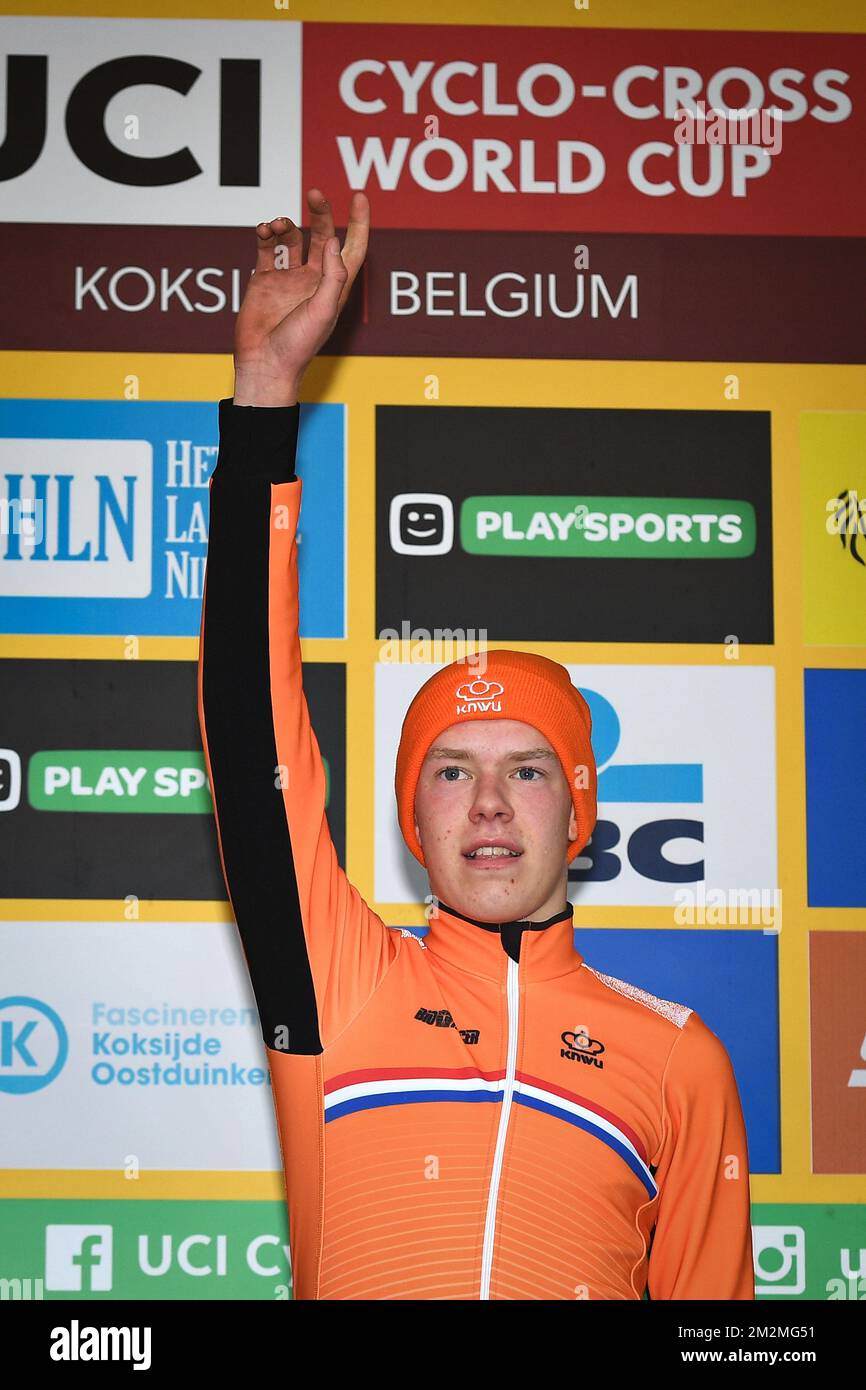 Dutch Pim Ronhaar pictured on the podium after the junior's race of the ...