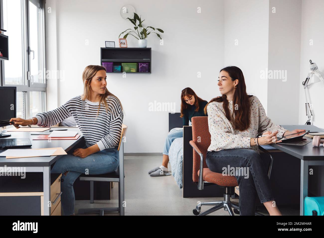Group of three friends, roommates, studying in the dorm room together ...