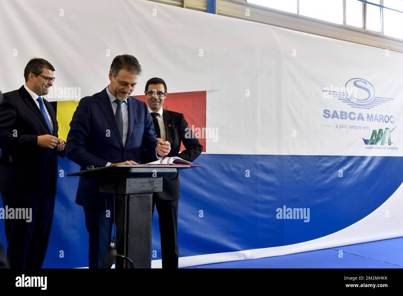 Sabena Aerospace CEO Stephane Burton, Rafael Samson and Sabca CEO ...