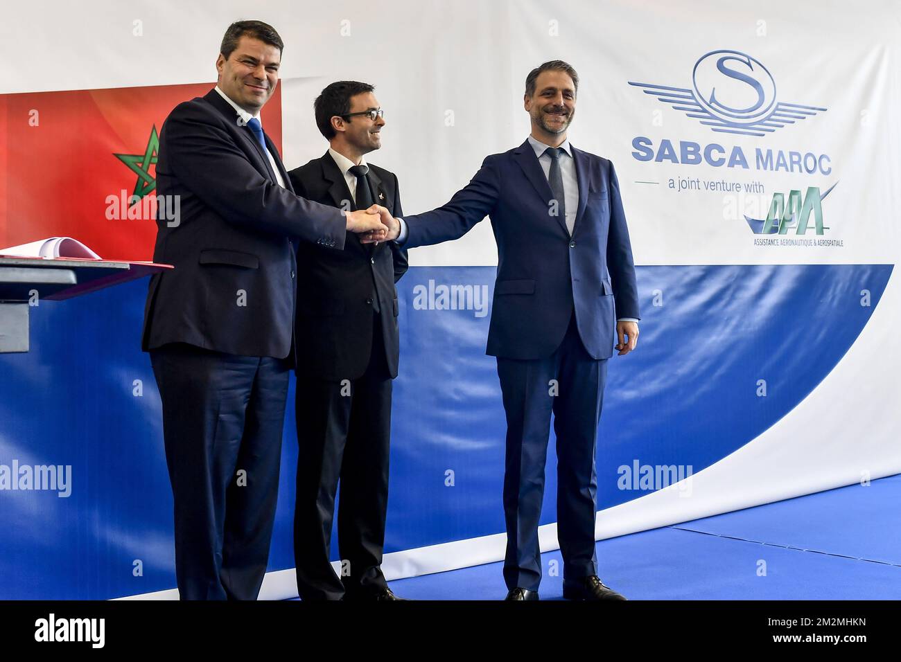 Sabena Aerospace CEO Stephane Burton, Rafael Samson and Sabca CEO ...