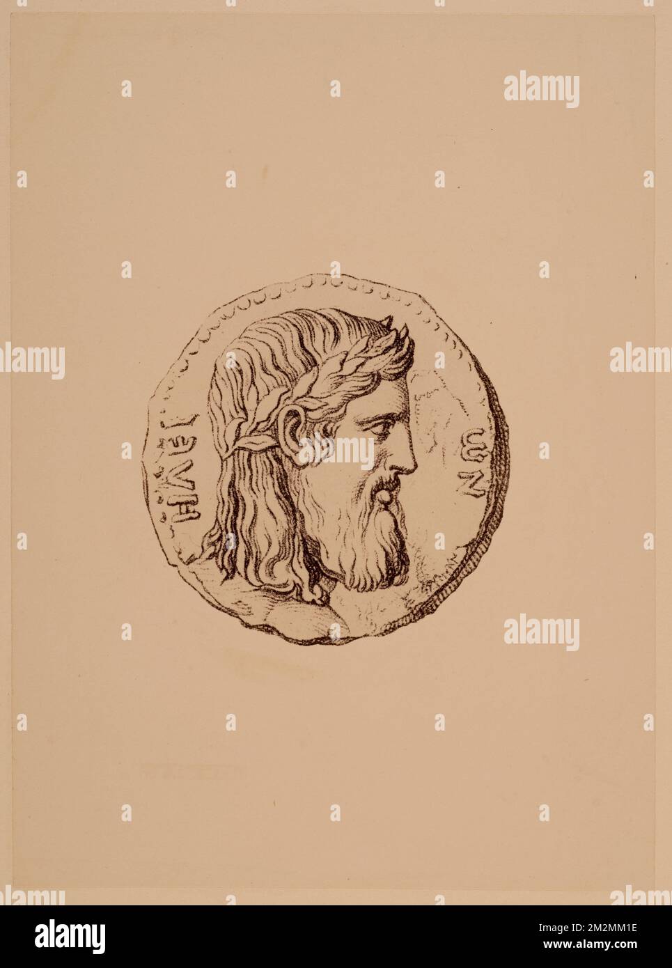 Drawing of coin with profile of male figure with crown of laurel leaves ...