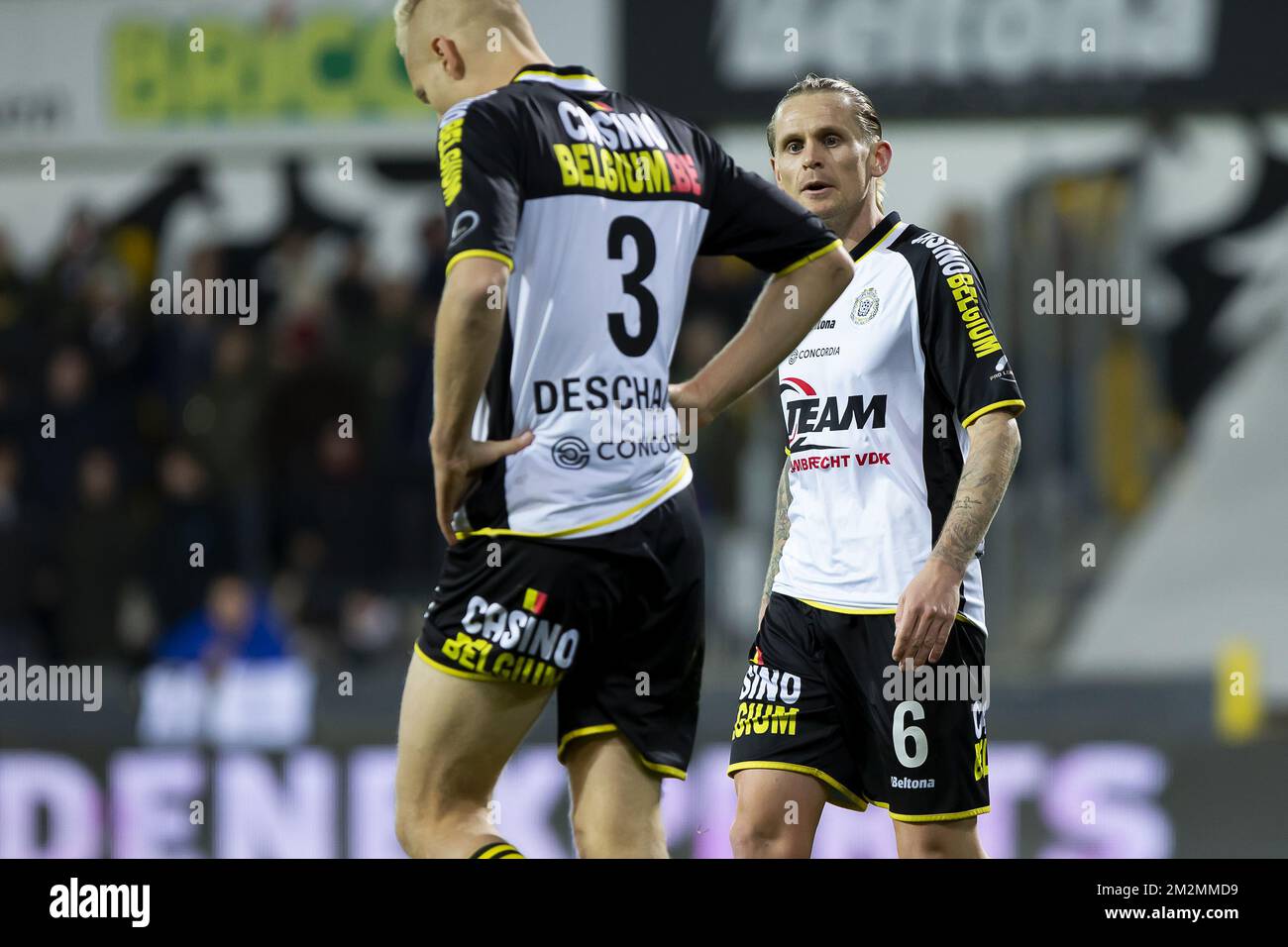 Lokeren's Olivier Deschacht and Lokeren's Ari Freyr Skulason pictured ...