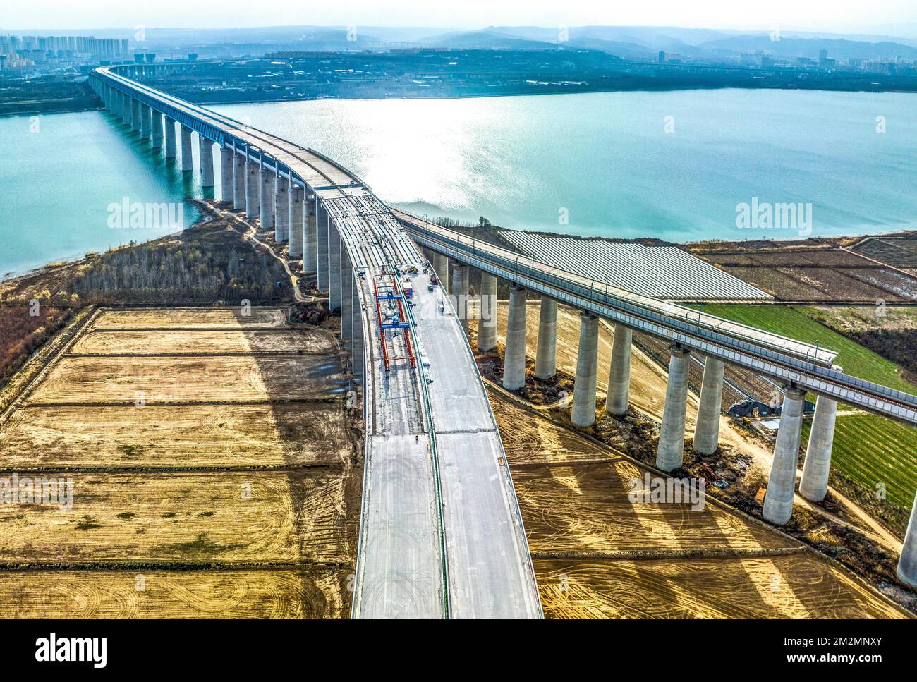 Aerial photo shows the connecting line of the Yellow River Rail ...