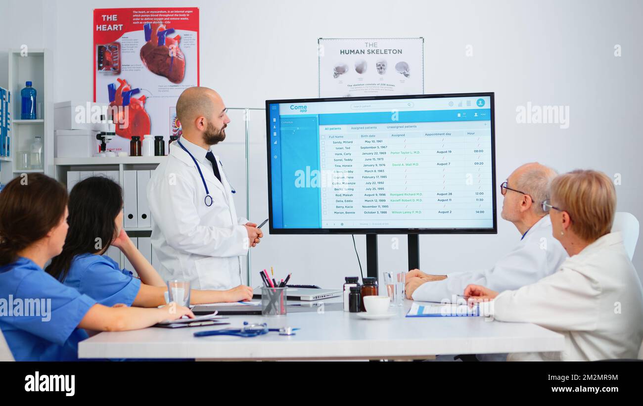 Specialist doctor presenting to colleagues the waiting list of patients ...