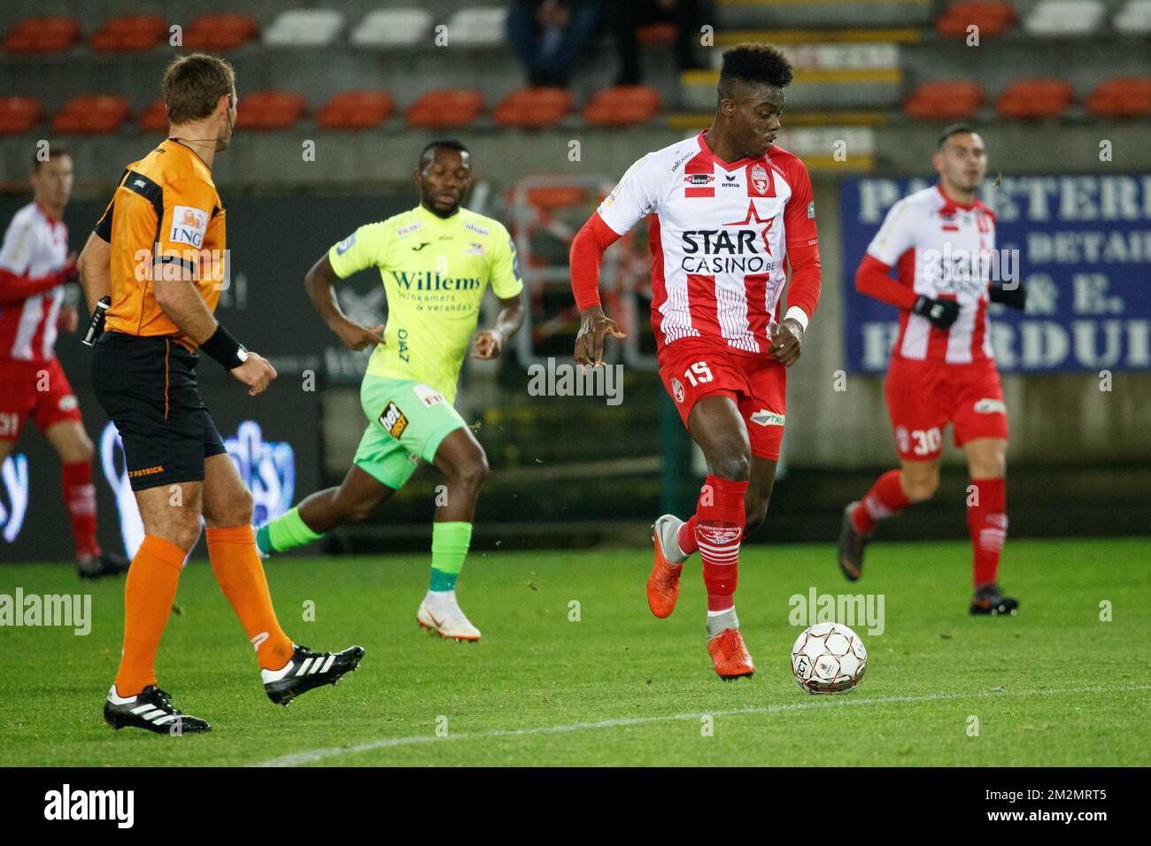 Mouscron's Franck Boya (R) pictured in action during a soccer game ...