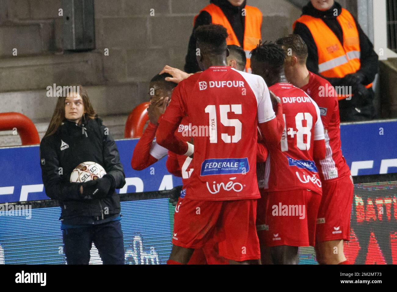 Mouscron's Yannis Mbombo celebrates after scoring during a soccer game ...
