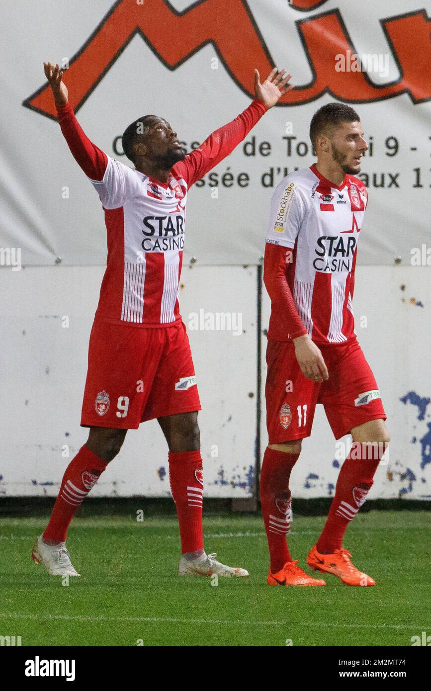 Mouscron's Yannis Mbombo celebrates after scoring during a soccer game ...