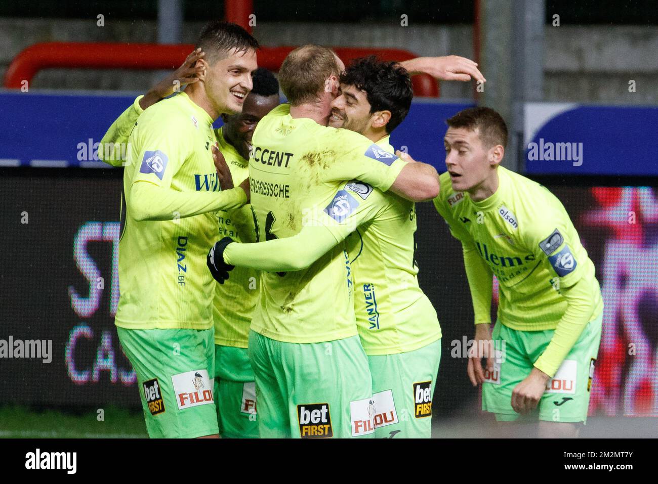 Oostende's Sindrit Guri celebrates after scoring during a soccer game ...