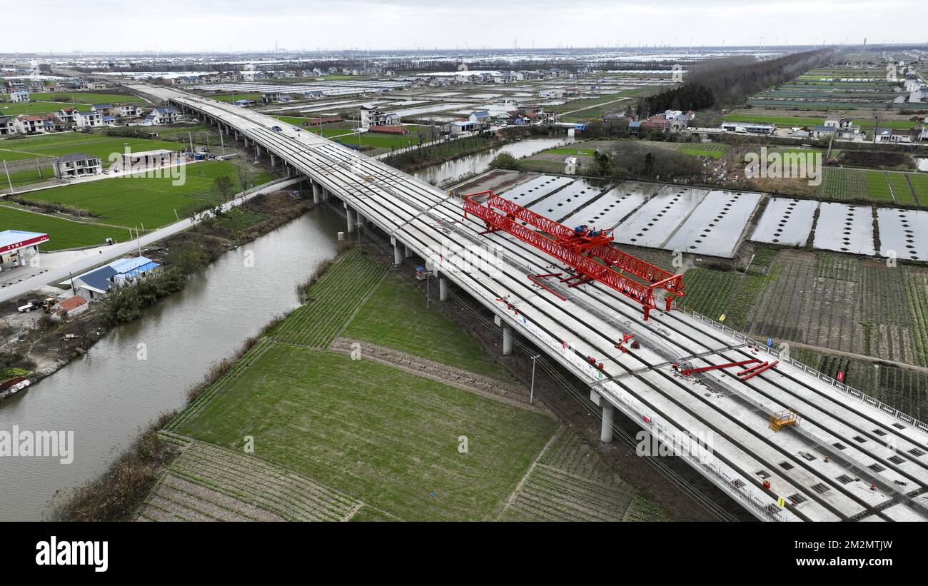 Aerial photo shows the constructors working on the Qiekanhe Bridge of ...