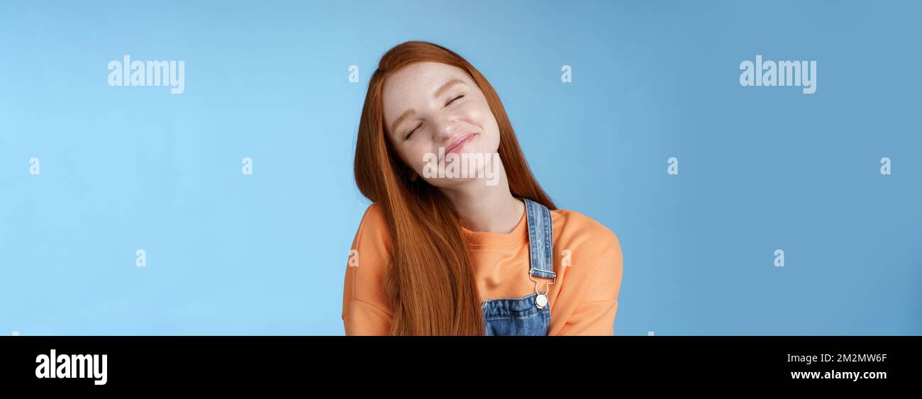 Dreamy kind silly redhead smiling happy girl straight long ginger hair ...
