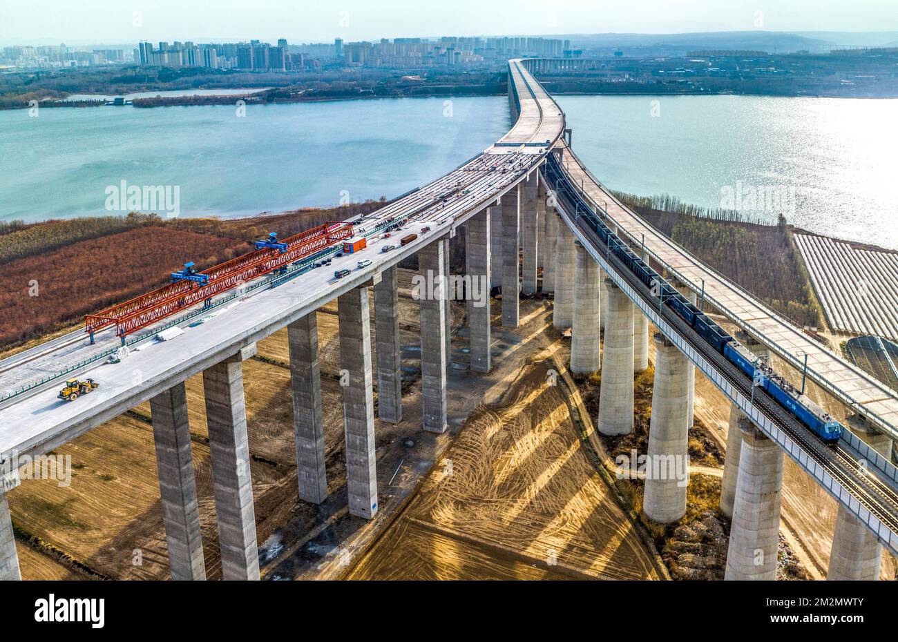 Aerial photo shows the connecting line of the Yellow River Rail ...
