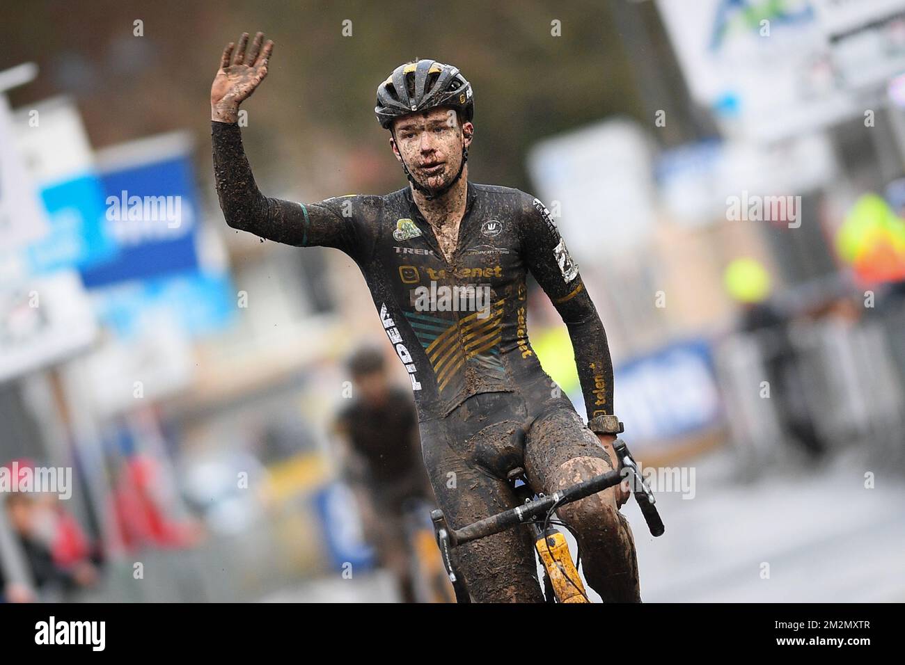 Belgian Andreas Goeman crosses the finish line at the U23 race at the ...