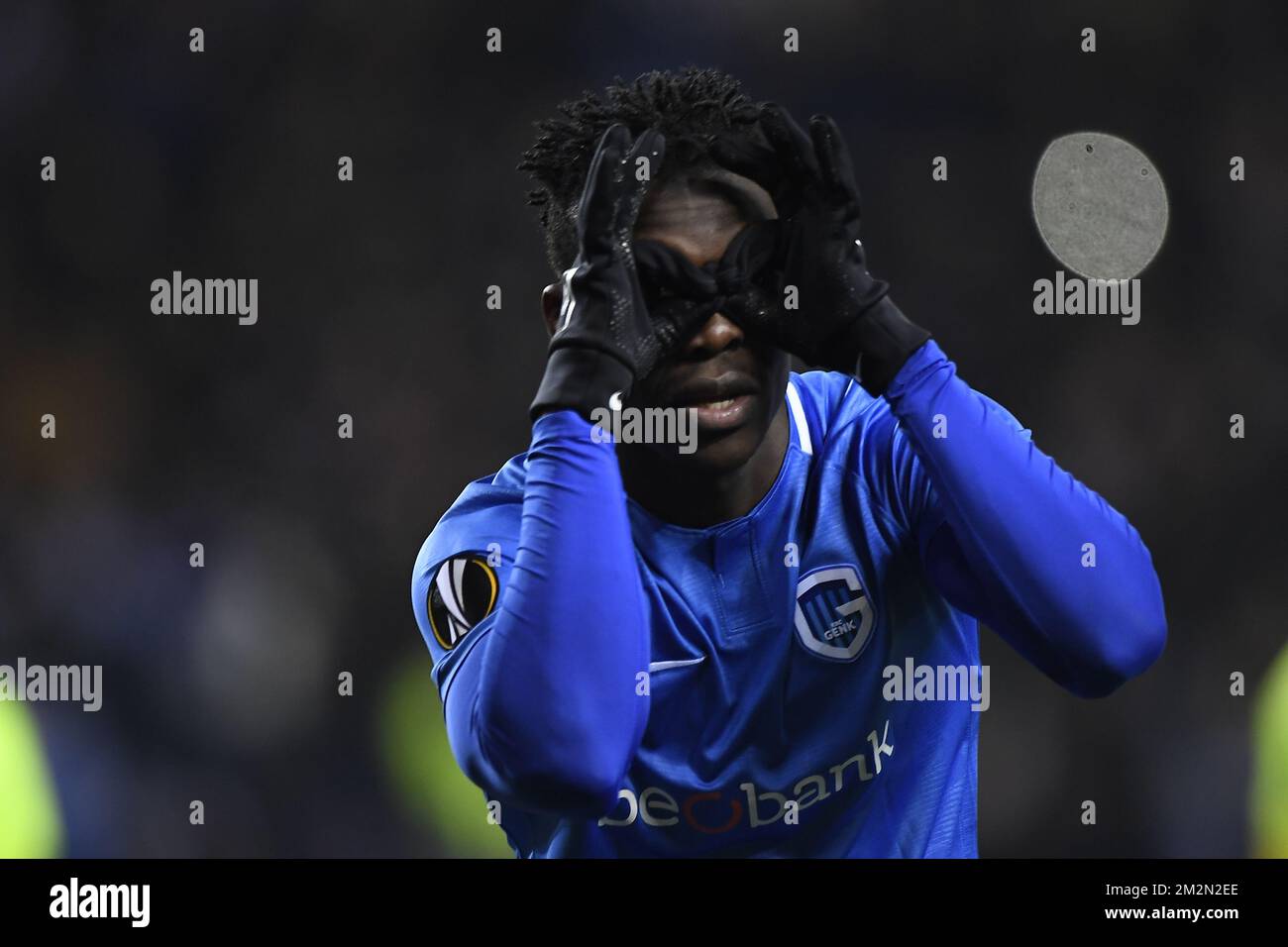 Genk's Joseph Aidoo reacts at a game of Belgian soccer team KRC Racing ...