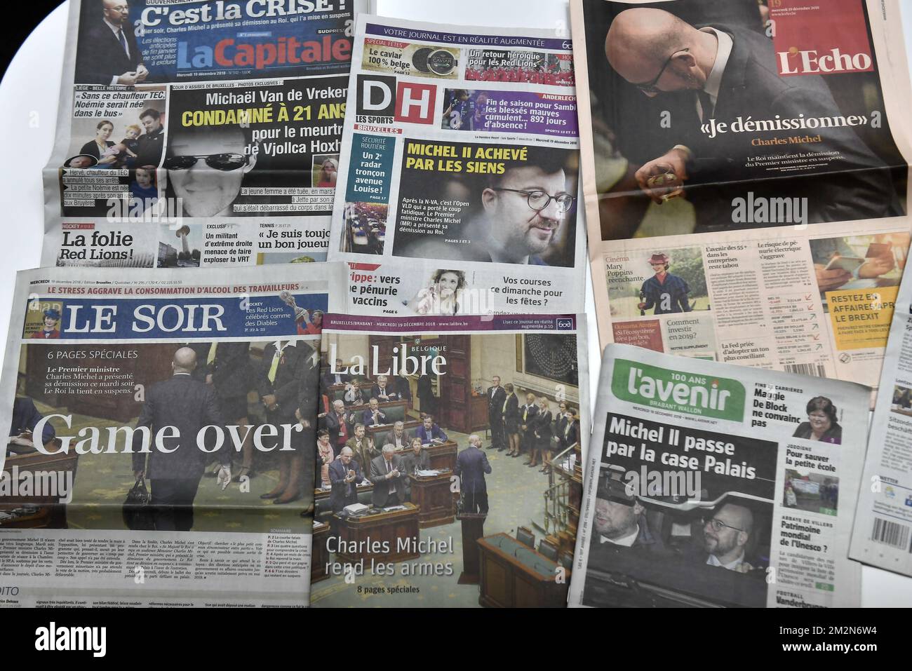 Illustration shows front pages of Belgian French-speaking newspapers ...