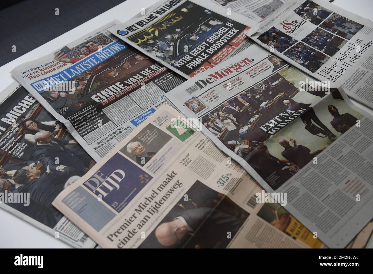 Illustration shows front pages of Belgian Flemish newspapers with the ...