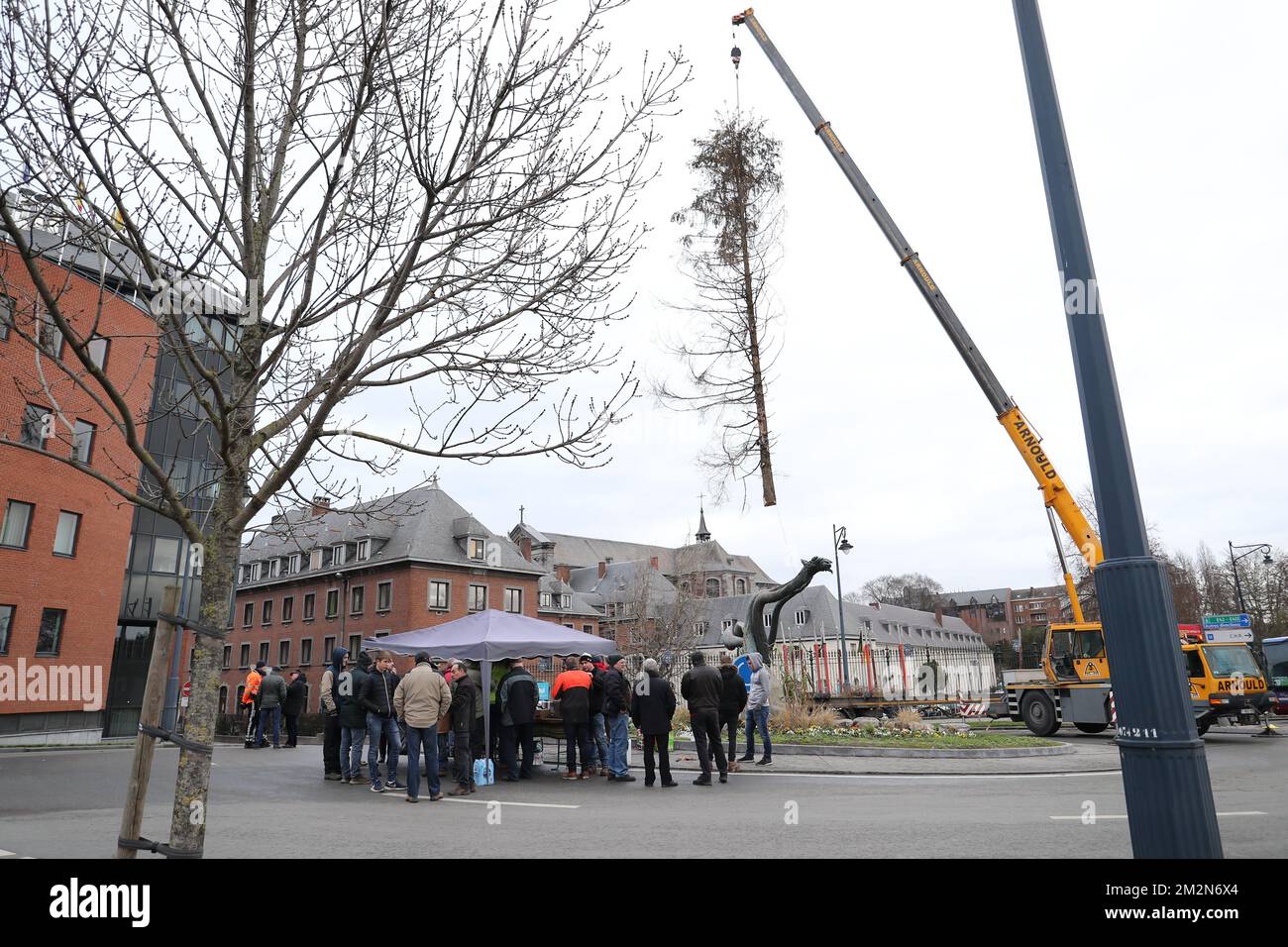 Illustration shows a demonstration of forestry workers in front of ...