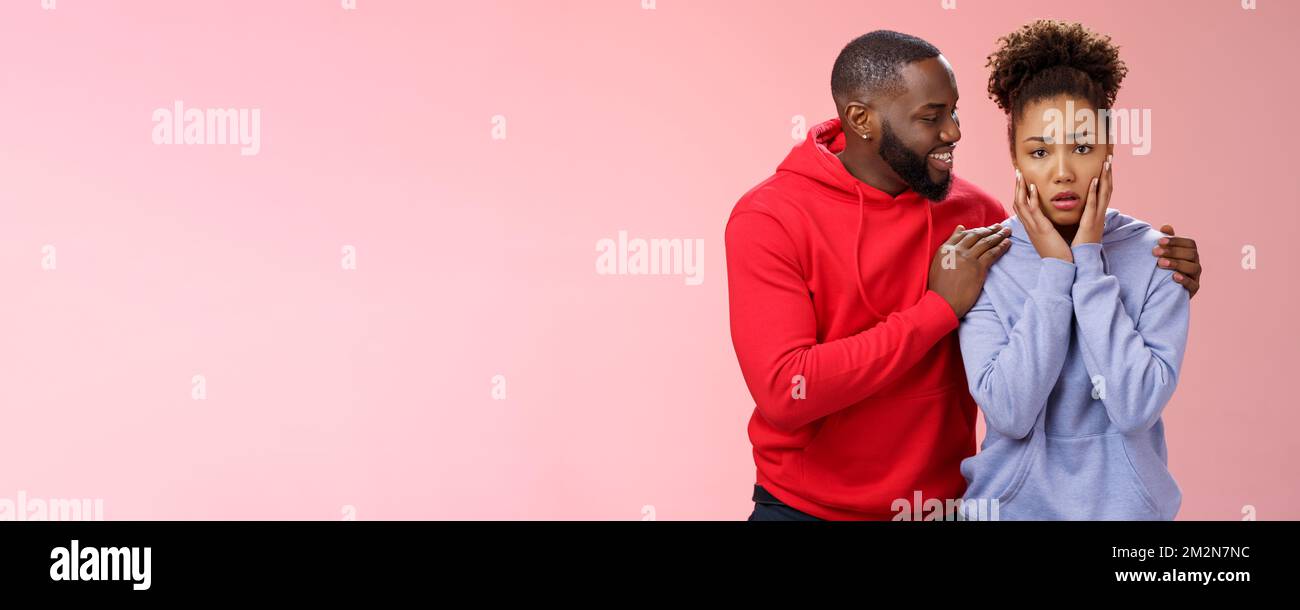 Boyfriend comforting worried nervous girlfriend attend dentist frowning ...