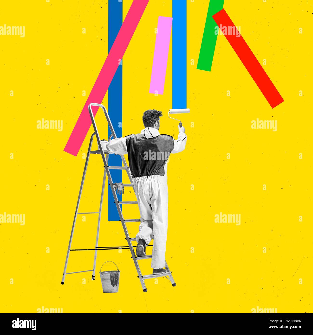 Contemporary art collage. Talented, creative man standing on ladder and ...