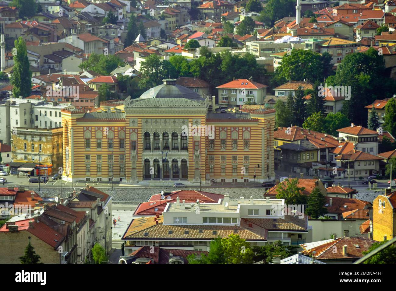A cityscape of Sarajevo City Hall with traditional buildings and trees ...