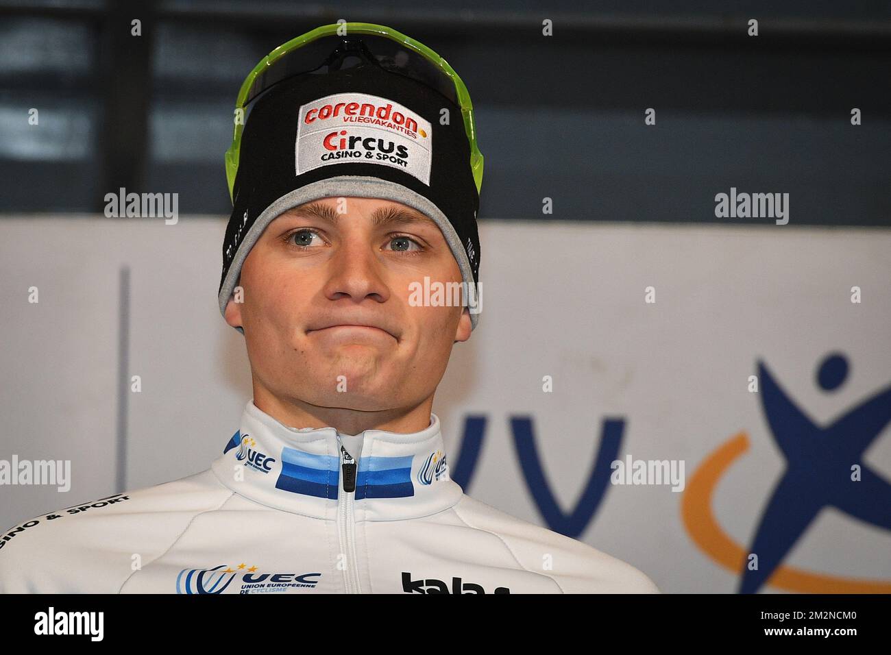 Dutch Mathieu Van Der Poel celebrates on the podium after winning the ...