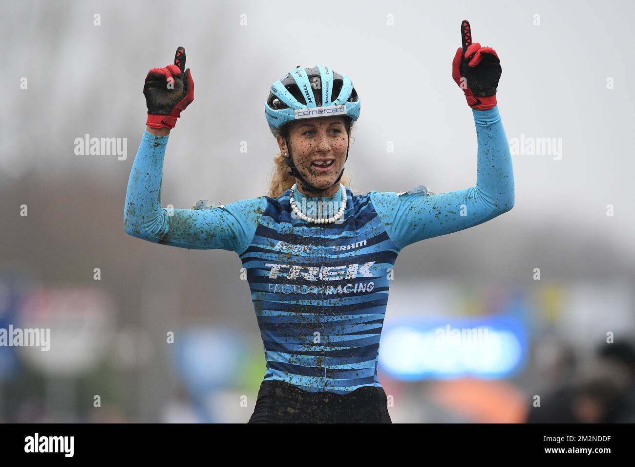 Swiss Jolanda Neff celebrates as she crosses the finish line to win the ...