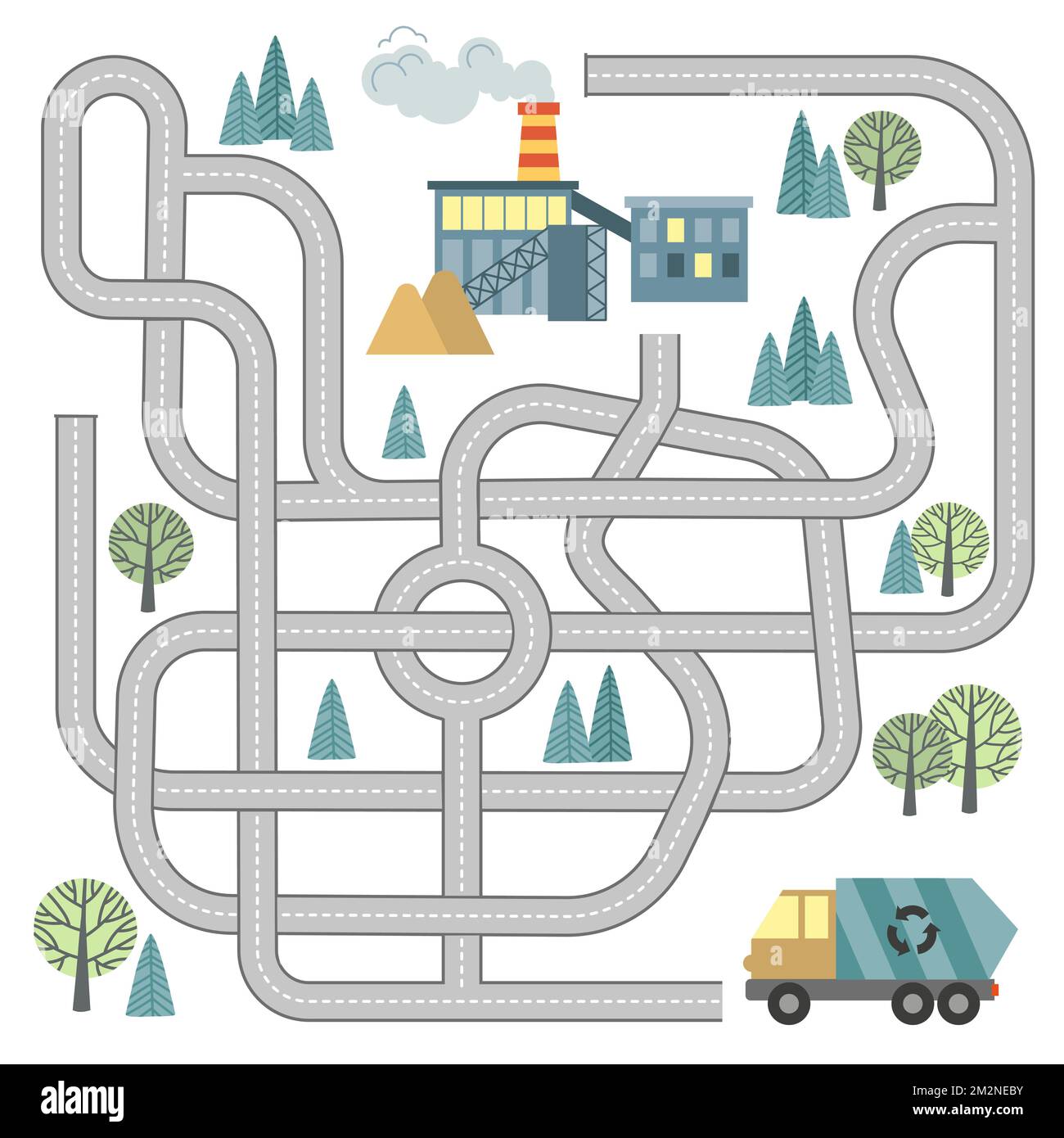 Vector maze game for kids with vehicles and tangled road. Help the ...