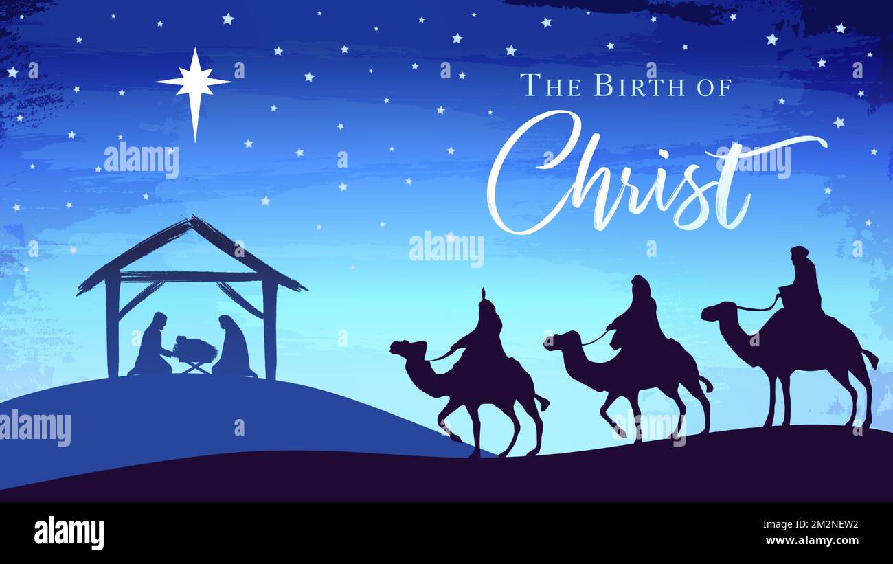 Nativity scene with Bethlehem star, Jesus in manger and wise men. Holy ...