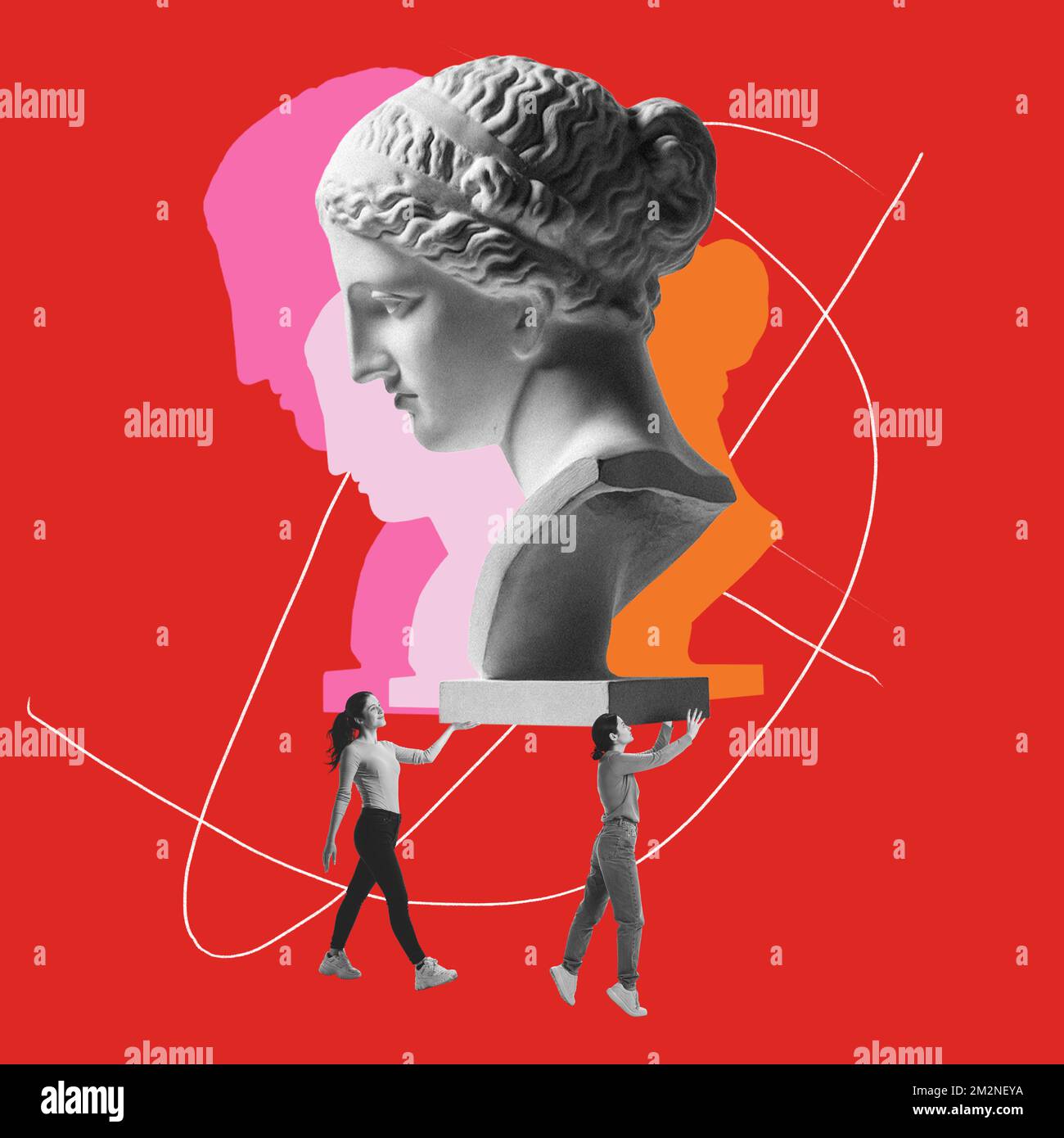 Contemporary art collage. Women carrying big antique statue bust over ...