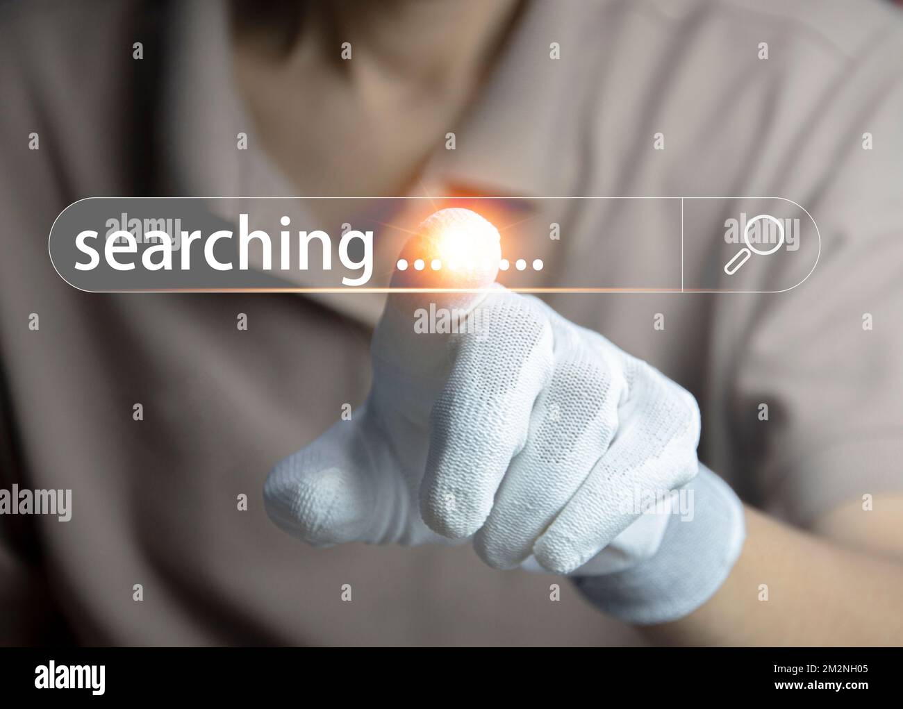 Searching information concept. Hand of man touching in icon search ...