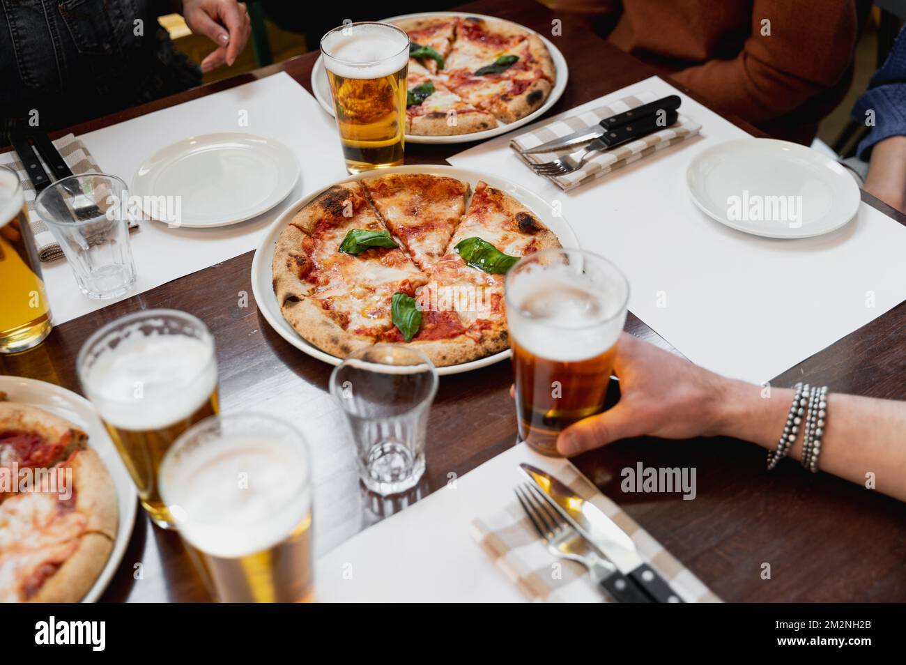 Top view setting table restaurant with Italian traditional pizza ...