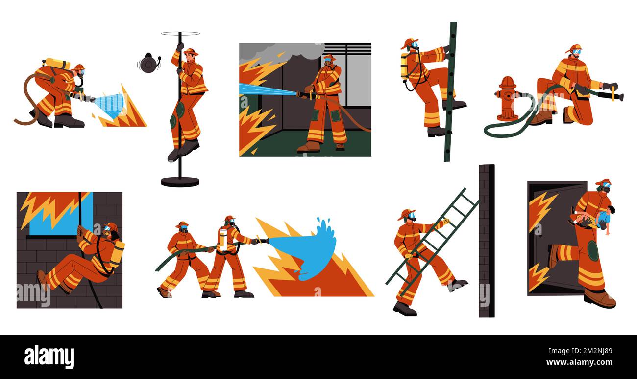 Fireman in uniform. Cartoon firefighter characters in different situations, emergency workers ...