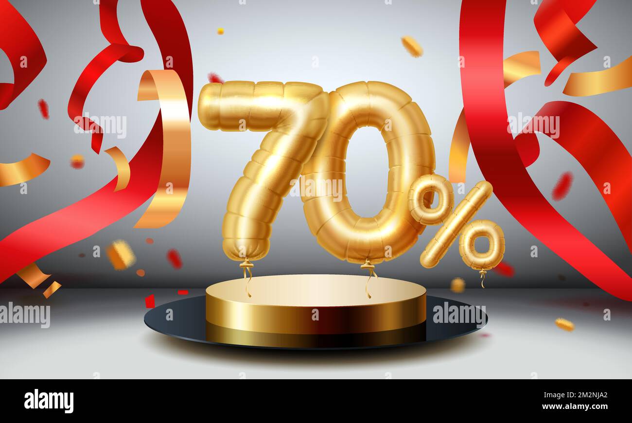 Special offer Sale 70 ballon, mega sale golden podium, black background ...