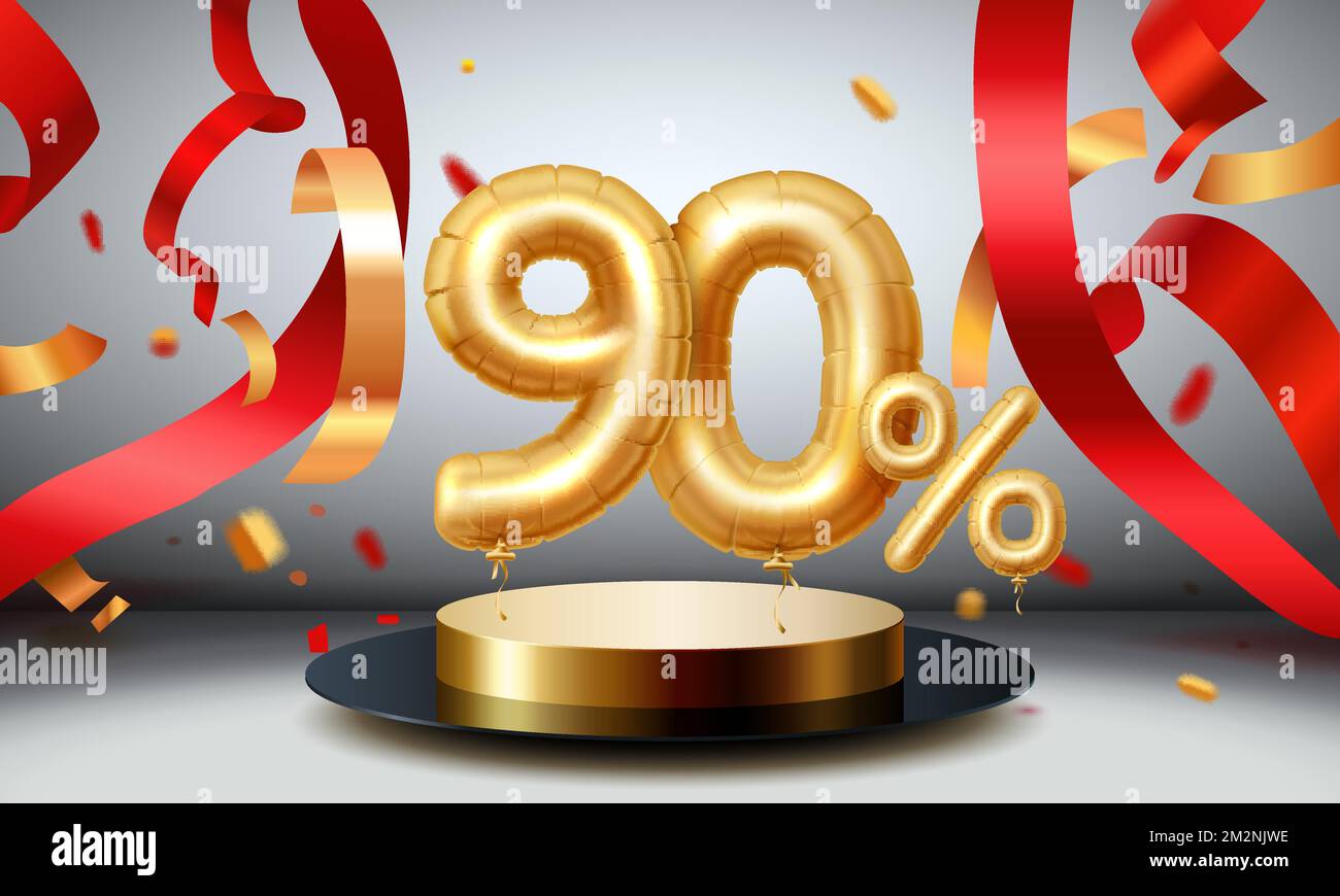 Special offer Sale 90 ballon, mega sale golden podium, black background ...
