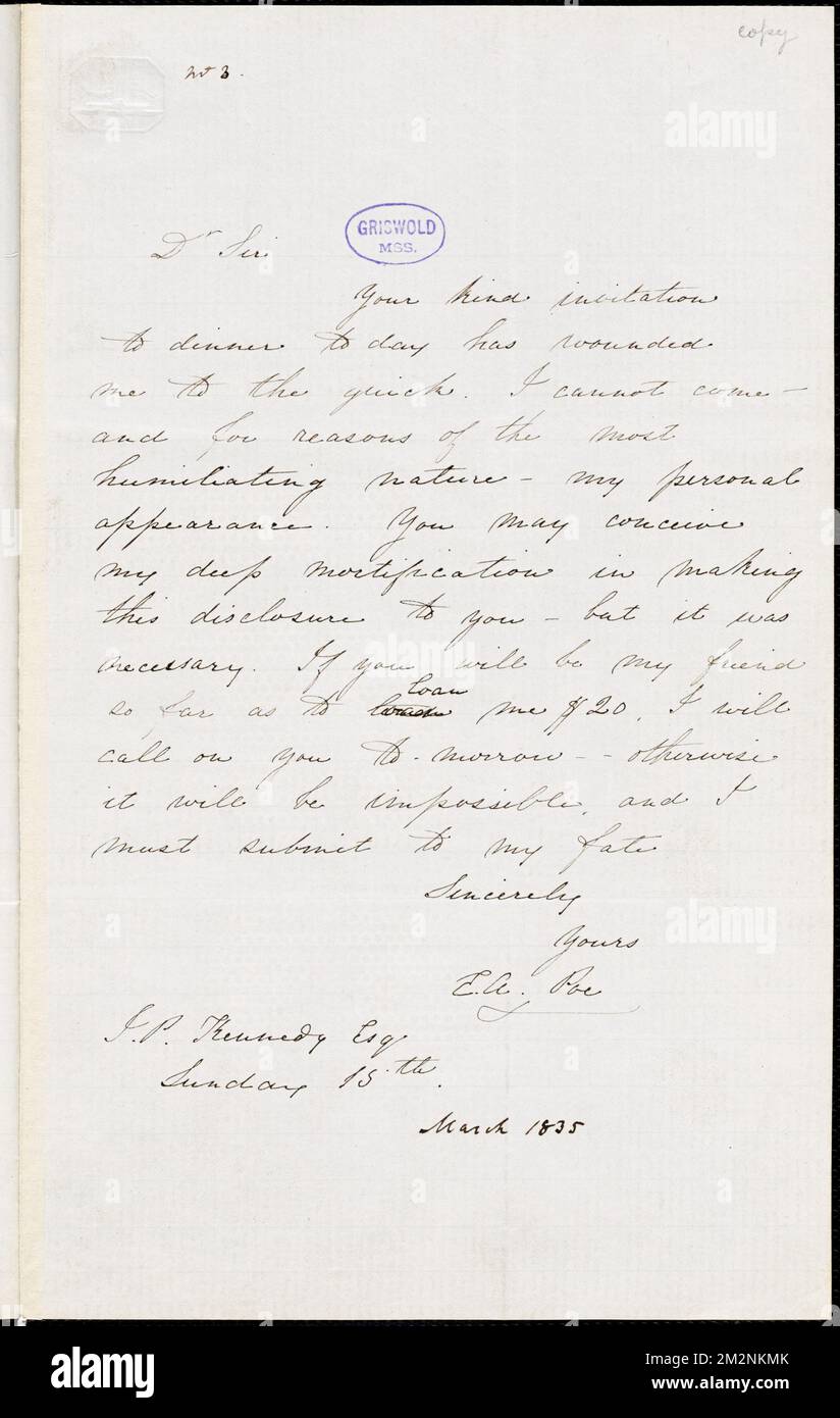 Edgar Allan Poe letter signed to John P. Kennedy, 15 March 1835 ...