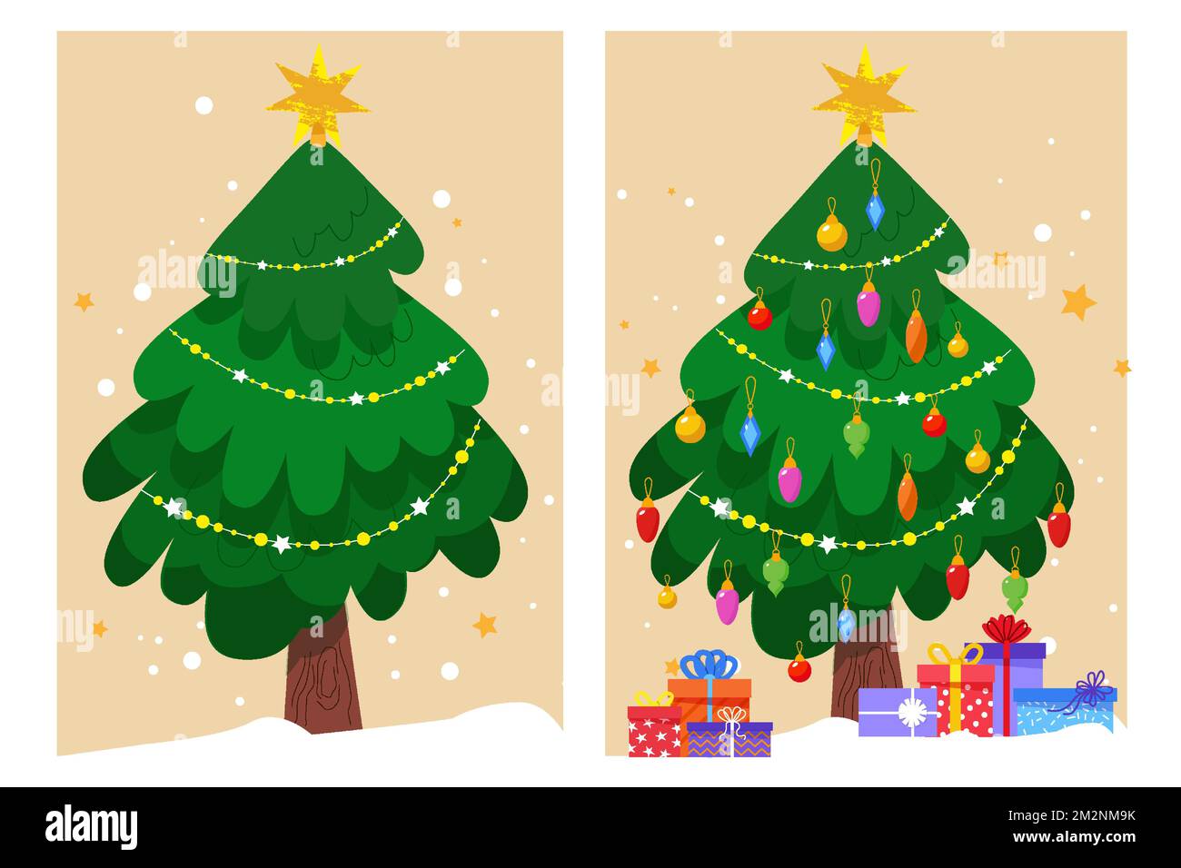 Christmas tree before and after decoration. Decoration balls, bow and ...