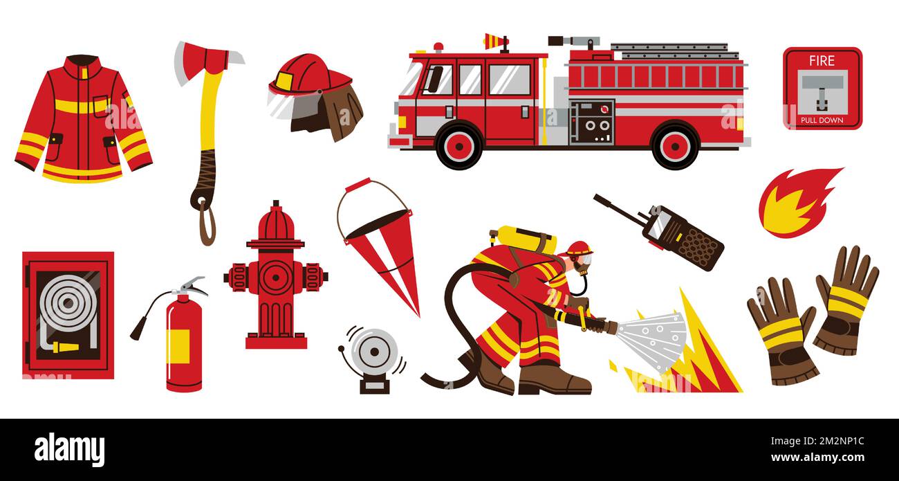 Fire truck with equipment. Firefighter characters with red rescue ...