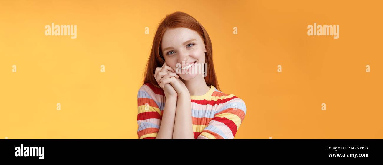 Romantic tender sensual attractive smiling redhead girlfriend melting ...