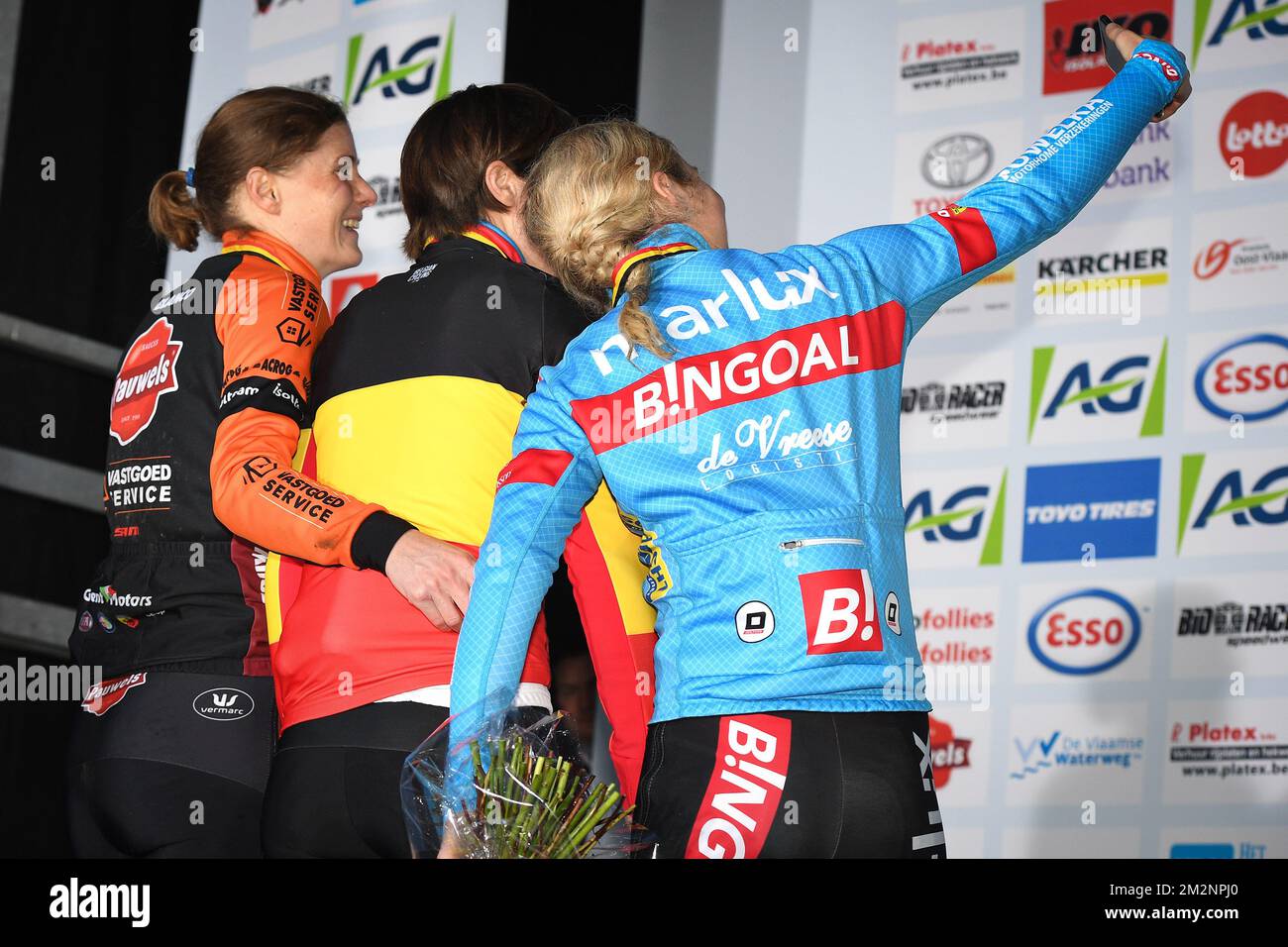 Silver medalist Loes Sels, Gold medalist Sanne Cant and bronze medalist ...