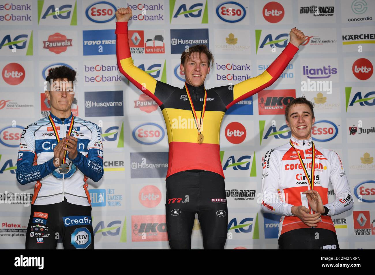 Belgian Lander Loockx, Belgian Timo Kielich and Belgian Niels Vandeputte pictured on the podium ...