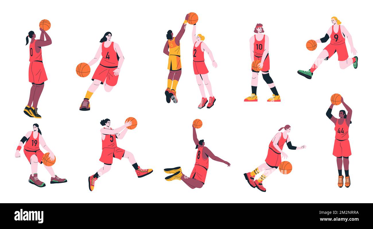 Girl basketball players. Cartoon woman characters playing sport game ...