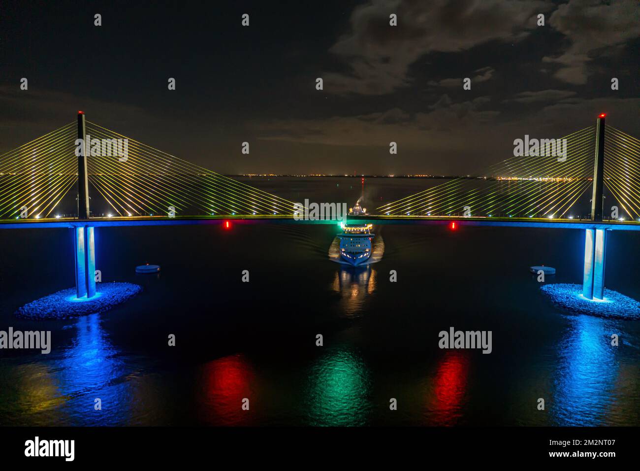 Drone panorama of Sunshine Skyway Bridge over Tampa Bay with passing ...