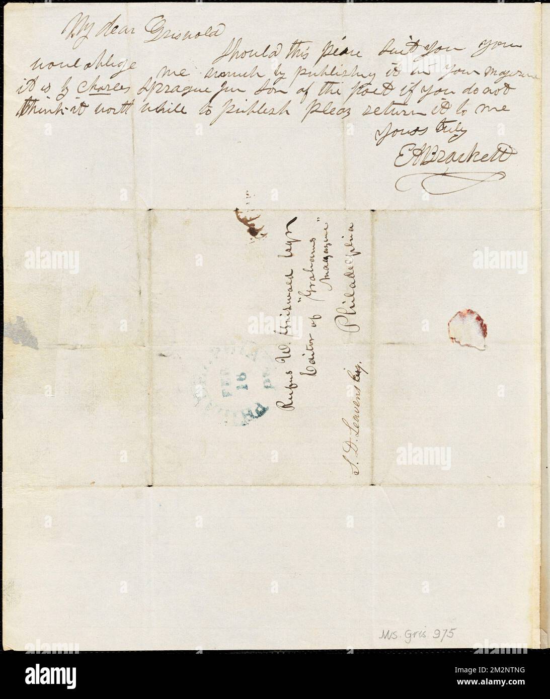 Edward Augustus Brackett autograph letter signed to R. W. Griswold, 16 ...