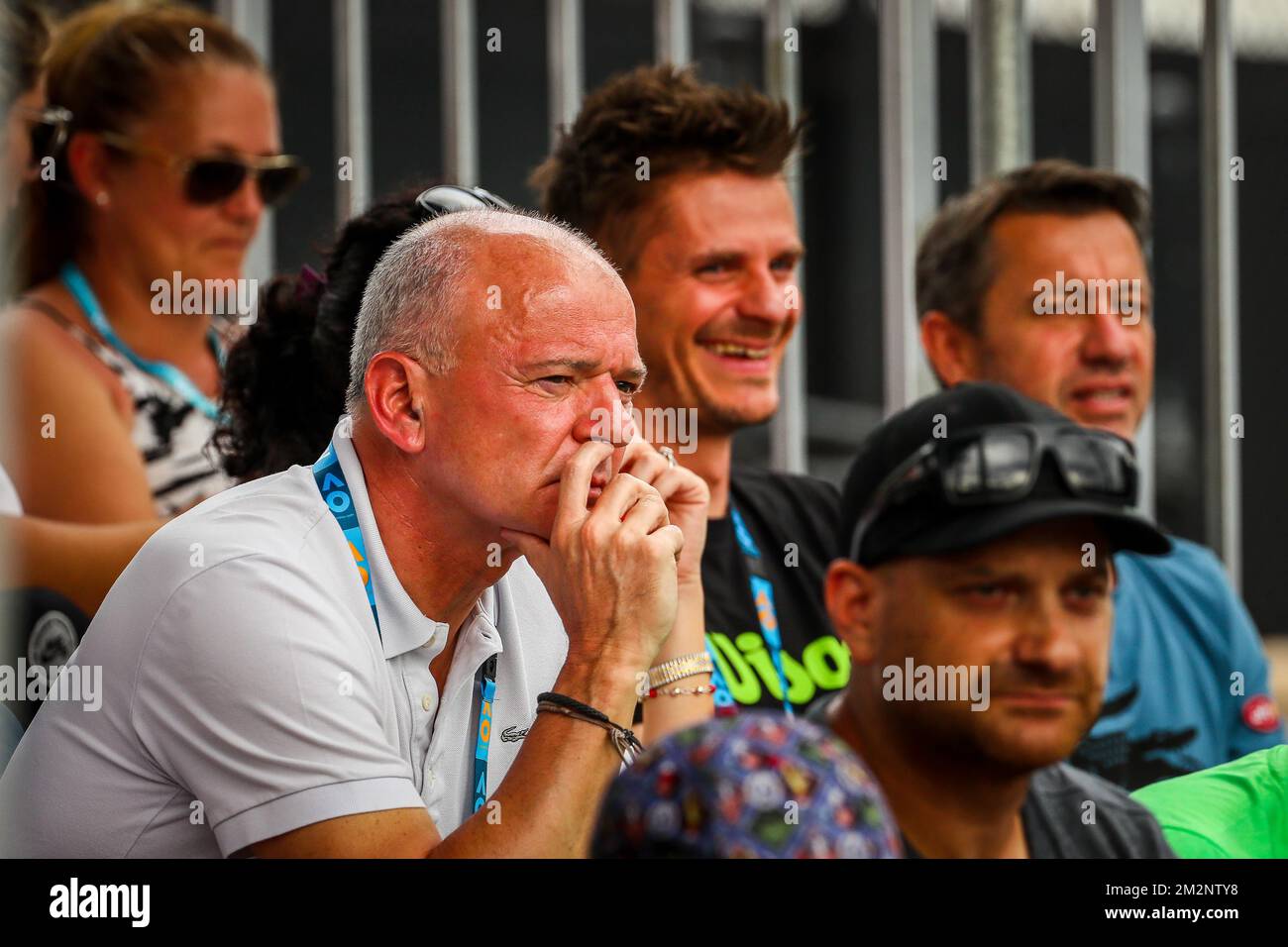 Goffin's father Michel, Fabien Bertrand and Goffin's coach Thierry Van ...