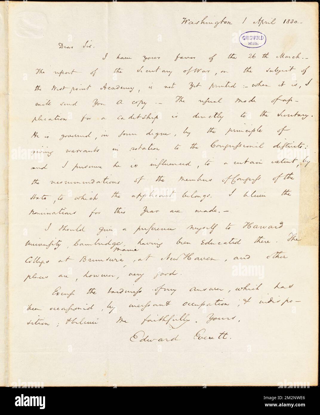 Edward Everett, Washington, DC., autograph letter signed, 1 April 1830 ...