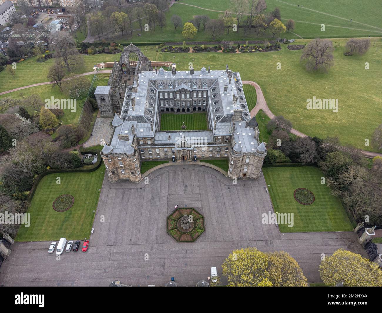 An aerial view of the ancient Palace of Holyroodhouse in Edinburgh ...