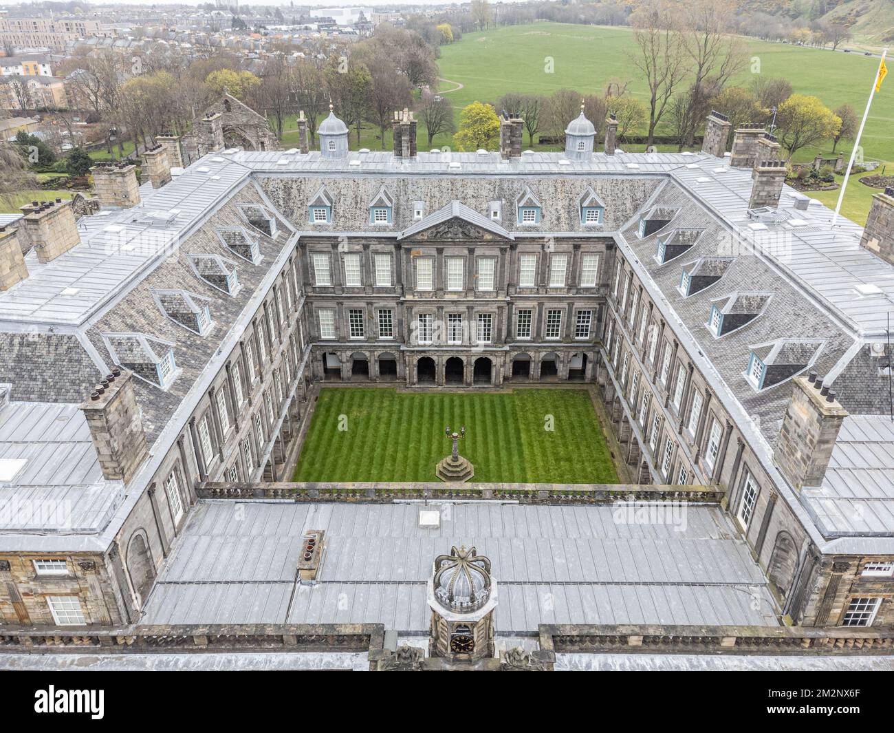 An aerial view of the ancient Palace of Holyroodhouse in Edinburgh ...