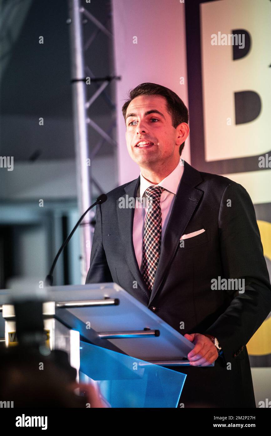 Vlaams Belang chairman Tom Van Grieken delivers a speech at the new ...
