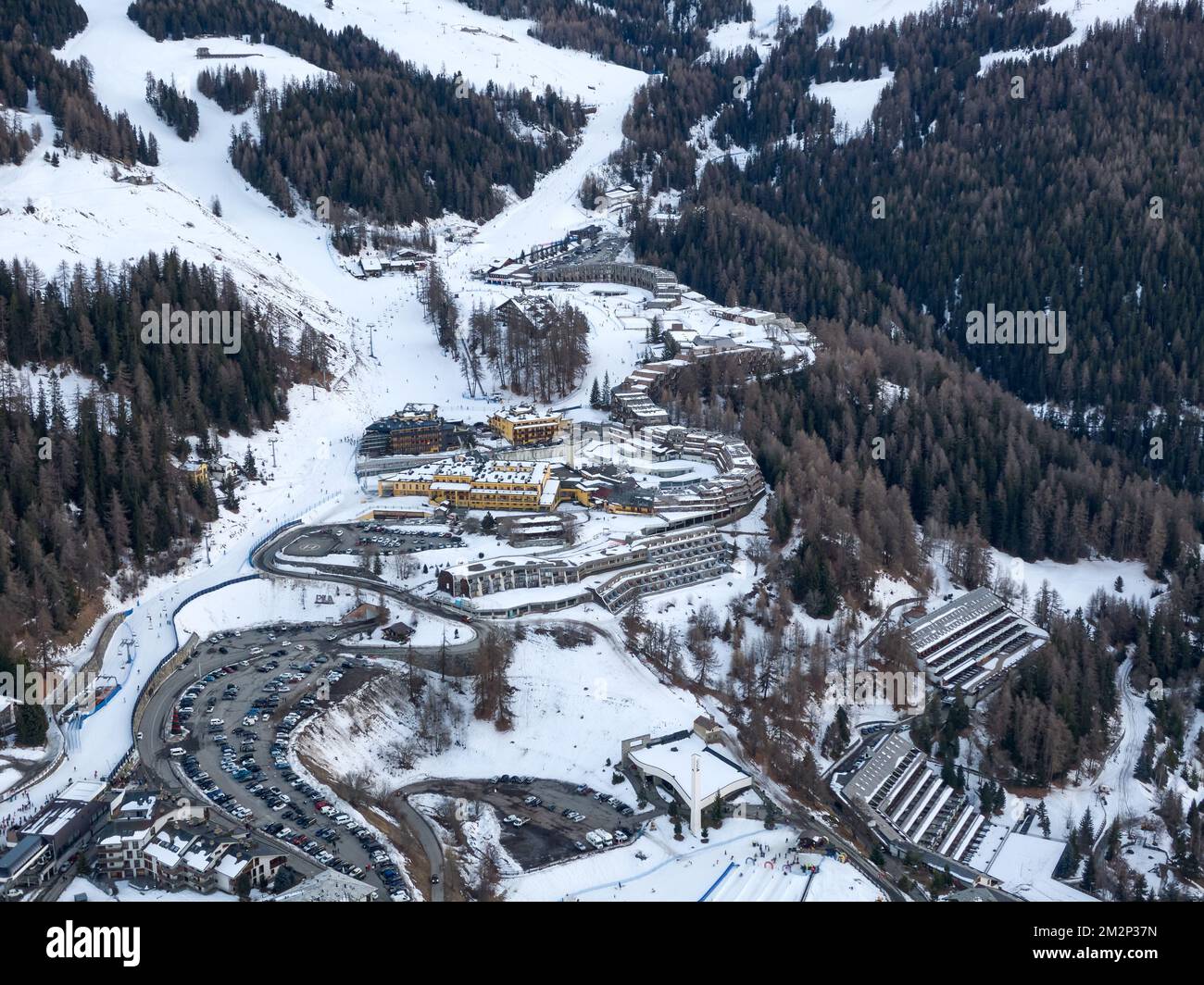 An aerial view of the town of Pila in Aosta Valley. Skiing and ...